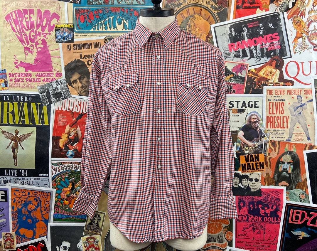 70s Mens Vintage Red Blue Gingham Plaid Pearl Snap Western Yoke Cowboy ...