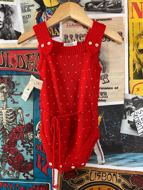 Vintage Baby Girls Kids 70s Red White Heart Print Kni… - Gem