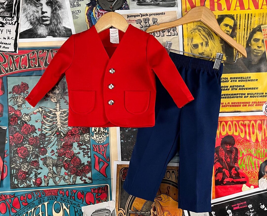 Vintage Baby Boys Kids 70s Red & Navy Blue Two Piece Suit Set 12 Month ...