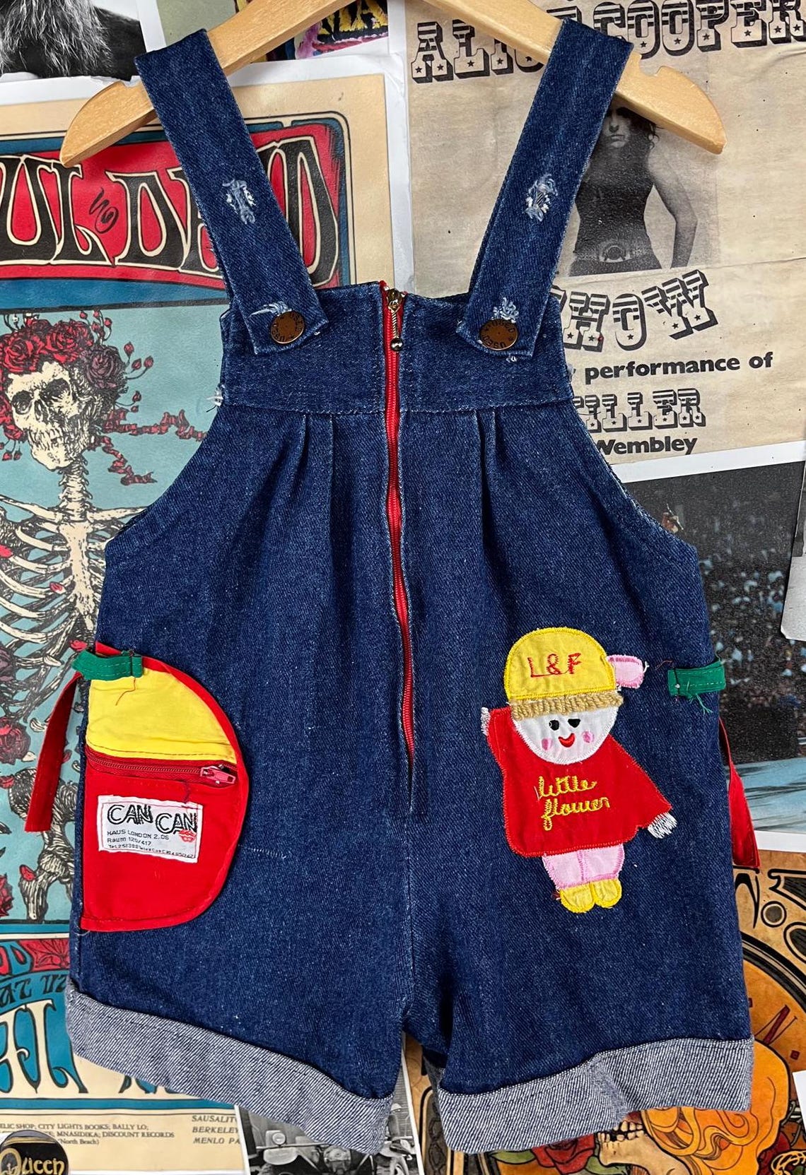 Vintage Kids 80s Blue Denim Primary Colors Zip up Embroidered Shortall ...