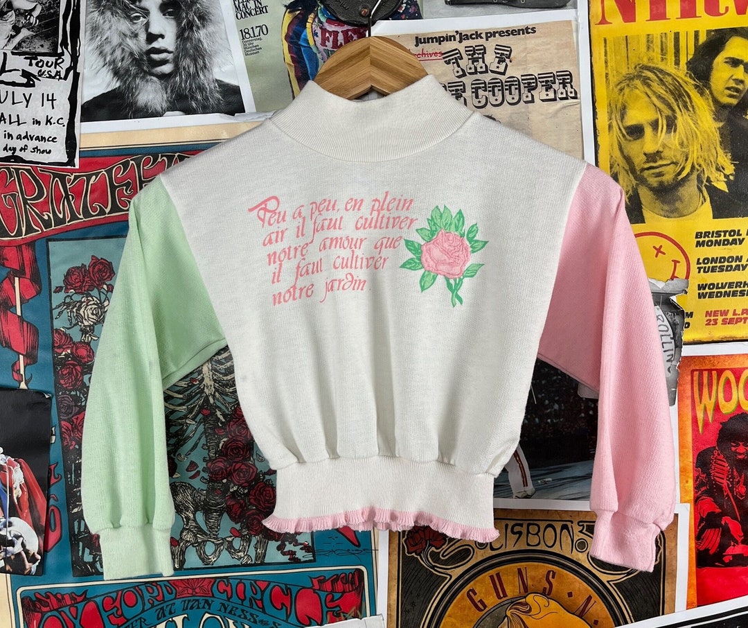 Vintage Girls 80s-90s Pastel Color Block French Rose Garden Mock Neck ...