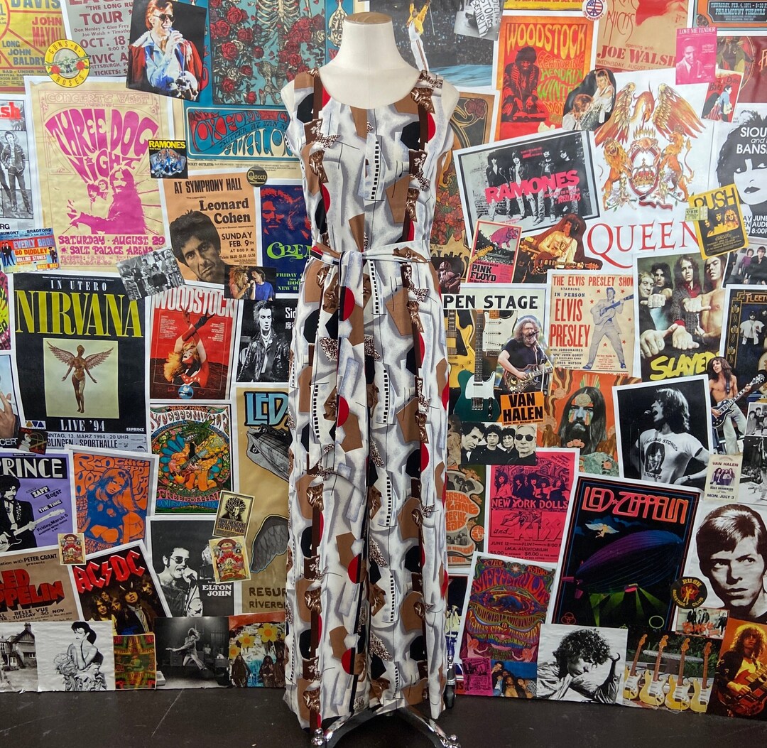 Womens 60s-70s Vintage Gray Mod Abstract Print Sleeveless Belted ...