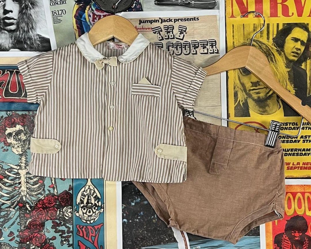 Vintage Baby Boy 50s-60s Beige Cream Stripe Dress Shirt & Bloomers ...