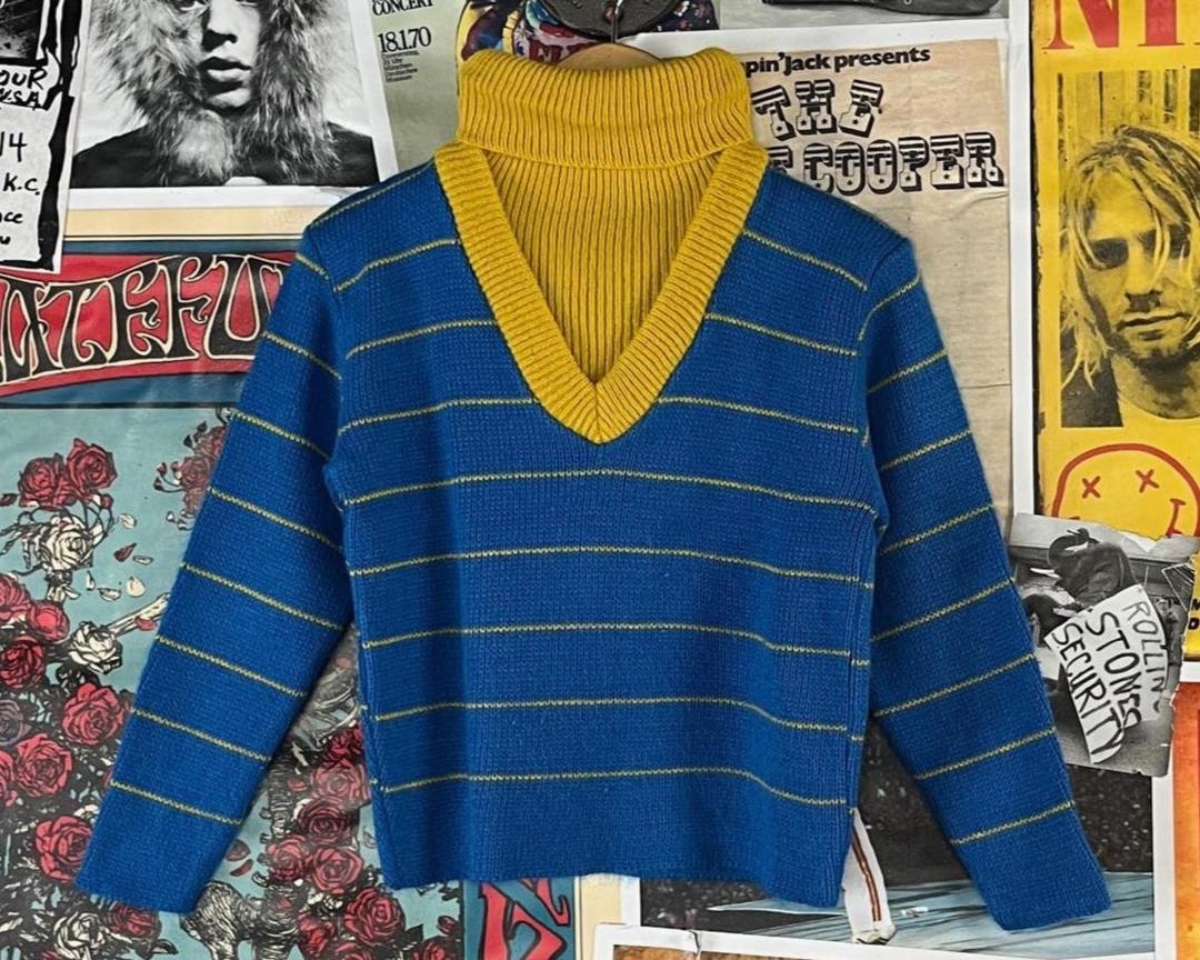 Vintage Toddler Boys Kid 60s Blue Yellow Striped Knit Dickie Turtleneck ...