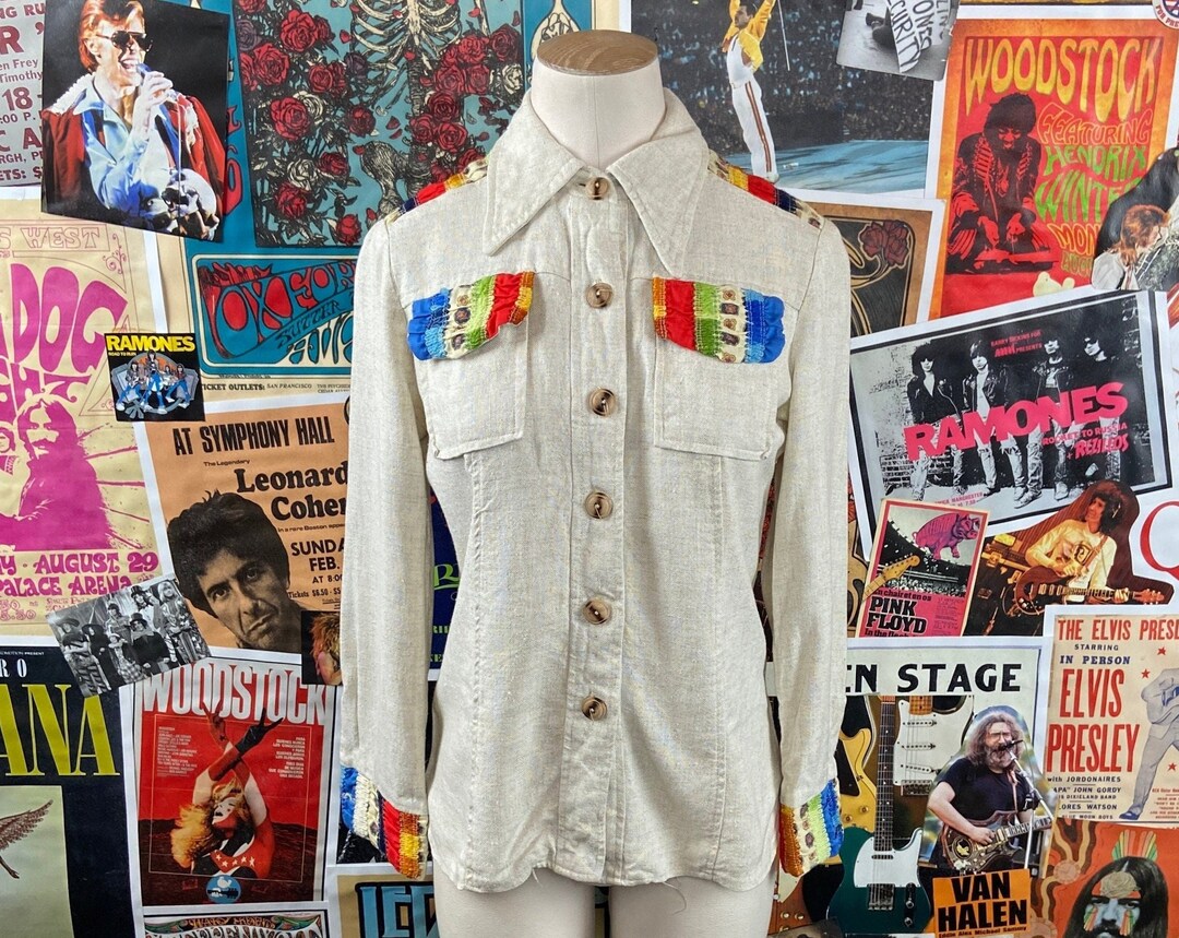 Vintage Women's 70s Linen Ruched Pintuck Rainbow Striped Patchwork Long ...