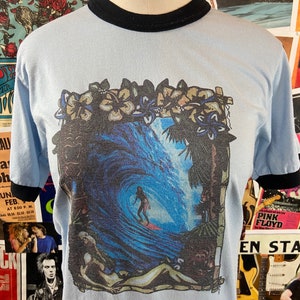 90s Vintage Womens Blue Hawaiian Surfer Girl Iron on Graphic Ringer ...