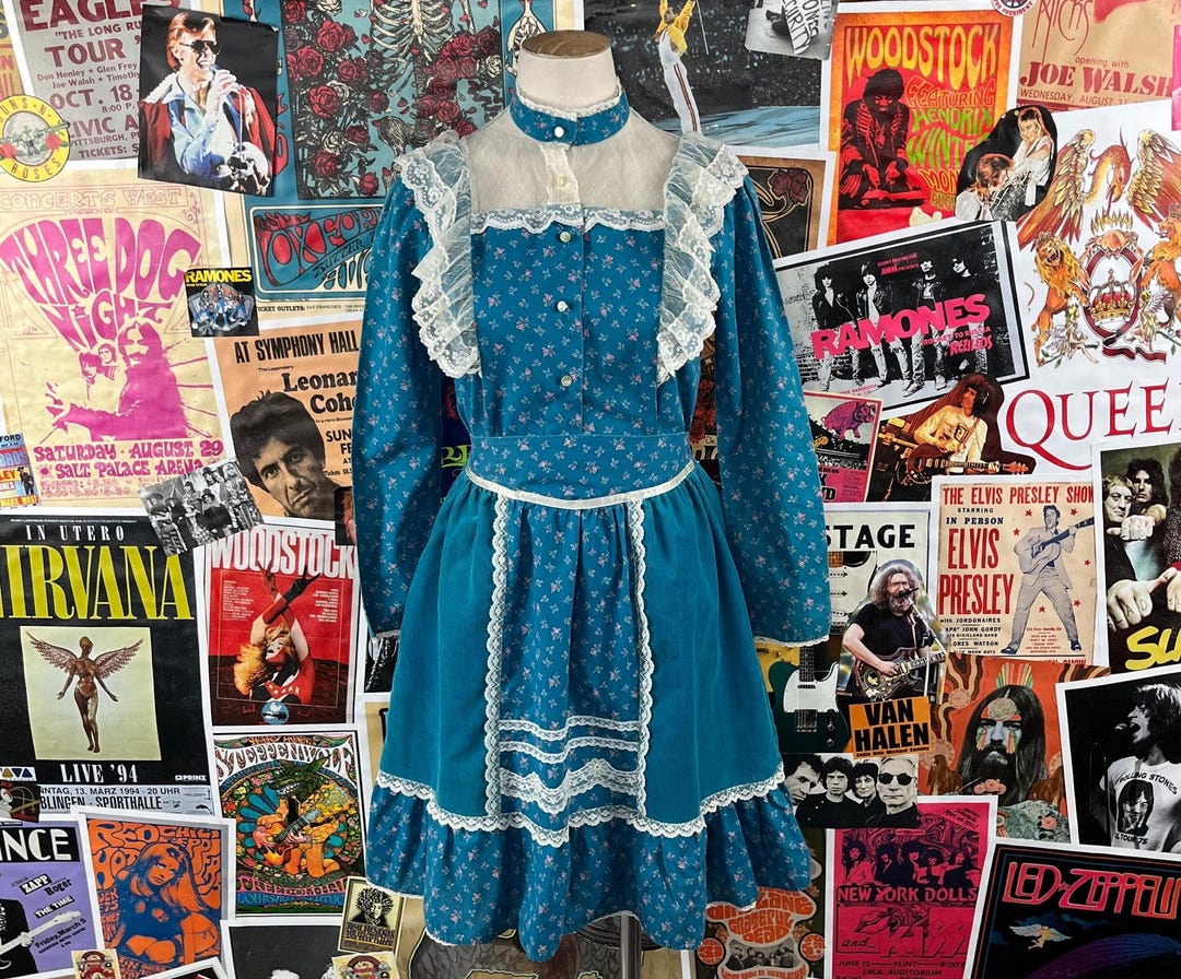 Vintage Women's 70s Blue Tiny Floral Lace Ruffle Rockabilly Rodeo ...