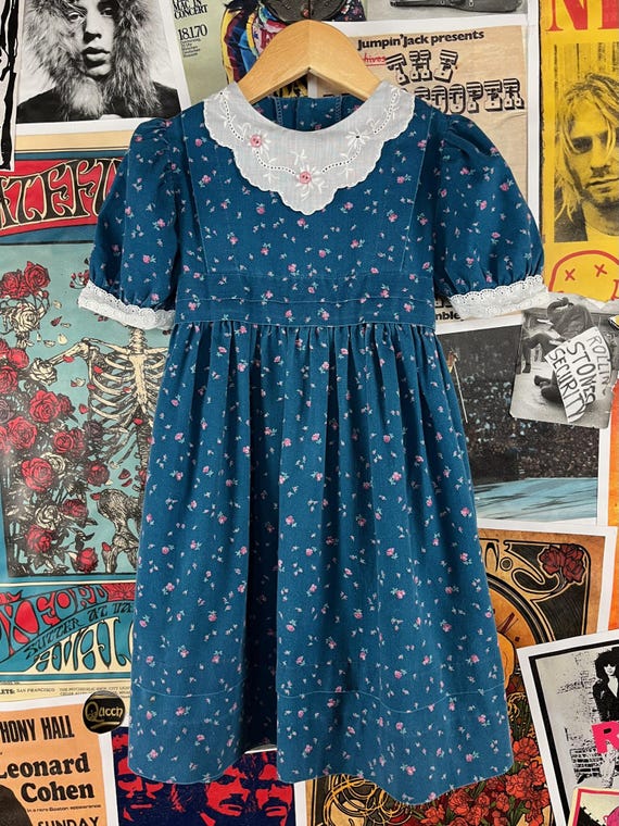 Vintage Girls Kids 80s Blue Pink & White Tiny Floral … - Gem