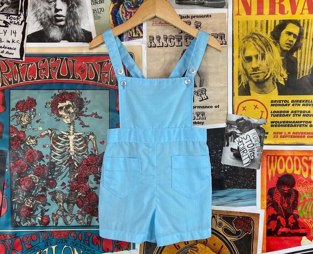 Vintage Baby Kids 60s Light Pastel Blue Short Overalls Shortall Romper ...