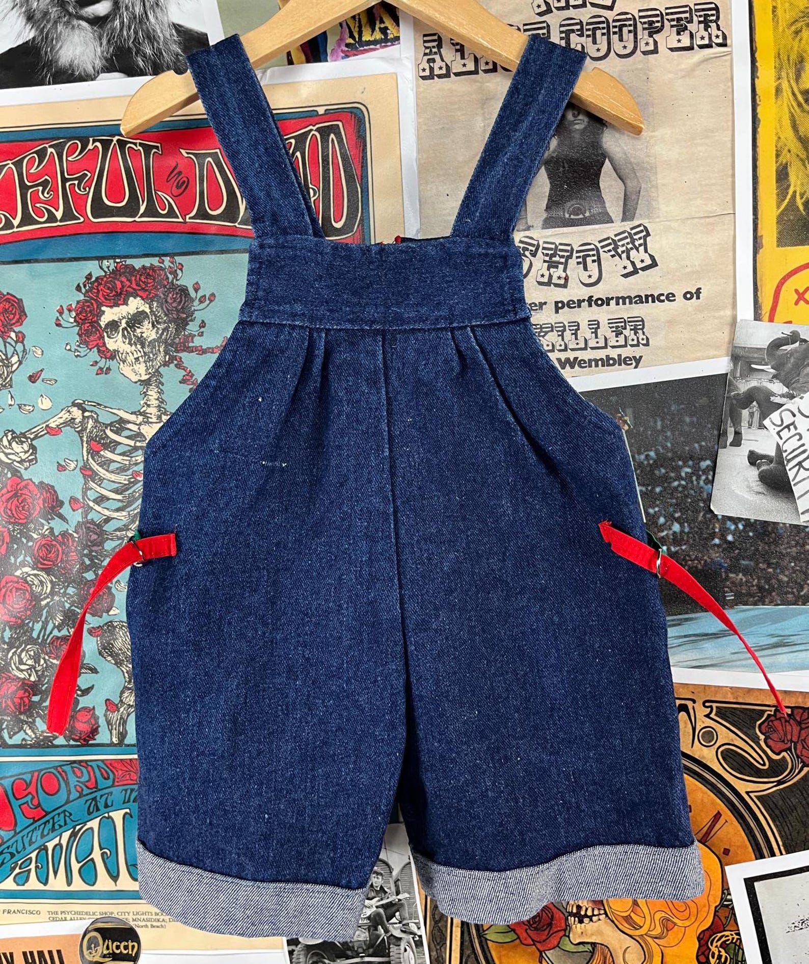 Vintage Kids 80s Blue Denim Primary Colors Zip up Embroidered Shortall ...