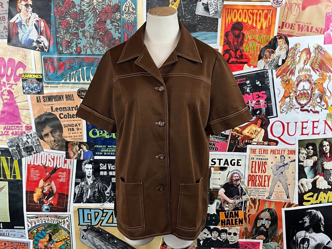 60s Womens Vintage Brown Modes Royale Two Pocket Blouse Top Size S/M ...