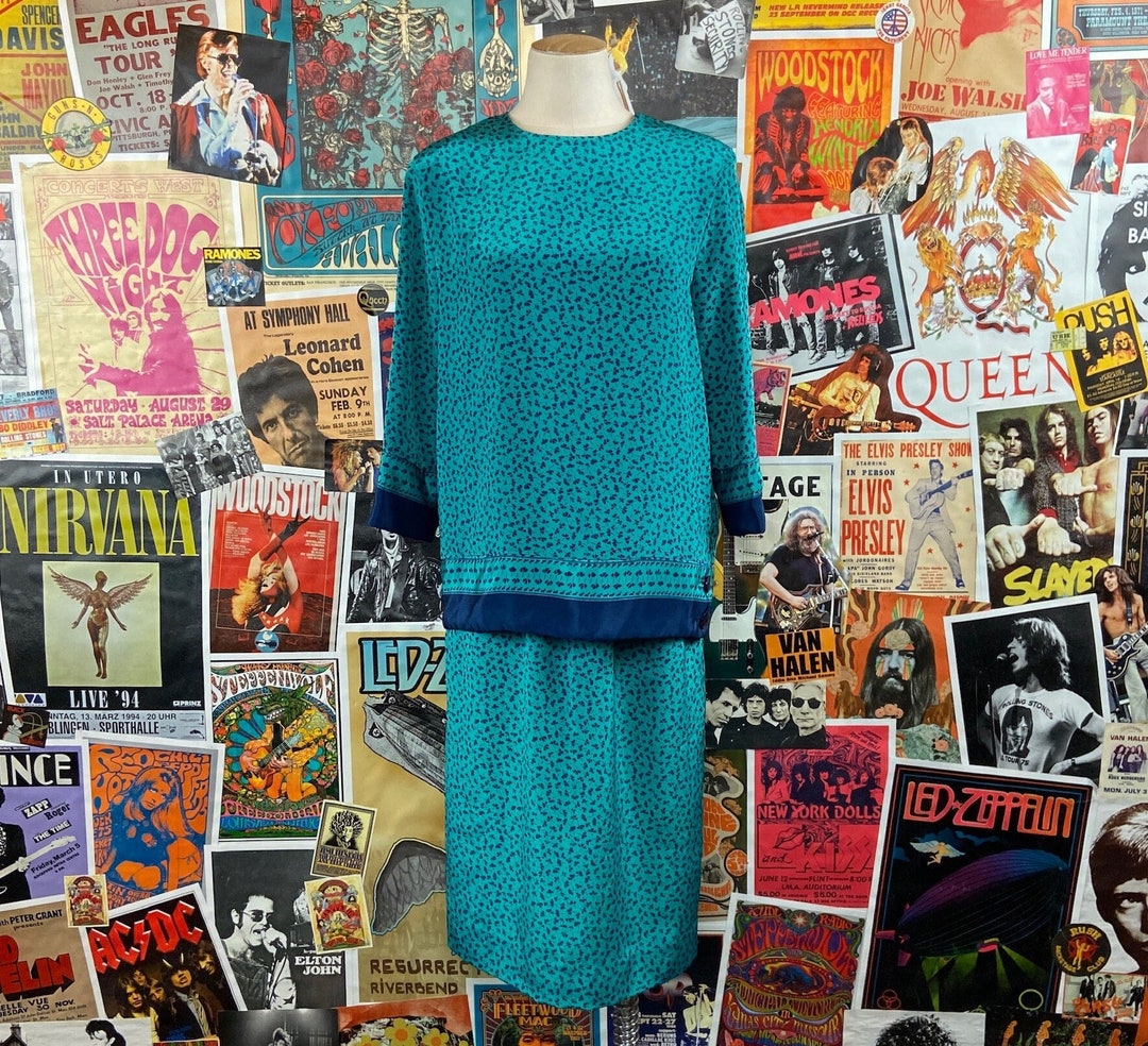 Vintage Women's 80s Teal Blue Two Piece Long Sleeve Tunic Top & Skirt ...