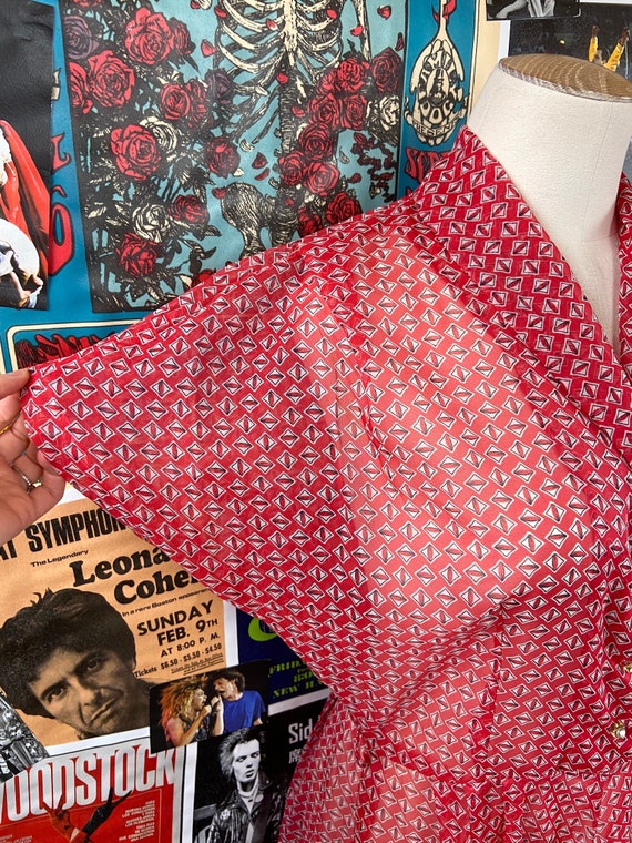 Vintage 40s Red Sheer Novelty Print Rhinestone Button… - Gem