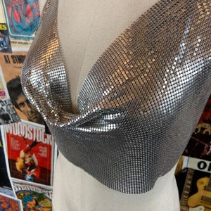 Vintage Women's 1970s Metallic Silver Alumesh Scoop Halter Neck Crop ...