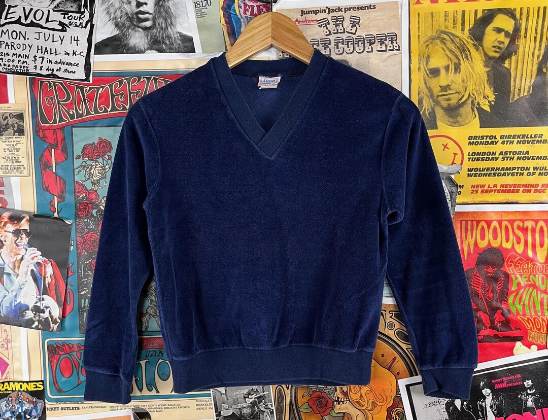 Vintage Kids 70s-80s Solid Plain Navy Blue Velour Argo V-neck Pullover Shirt Size 12 Age 9/10 ...
