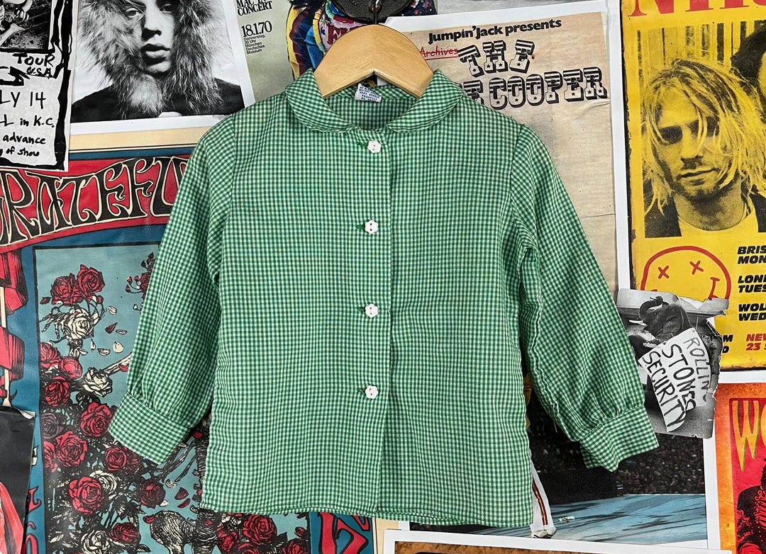 Vintage Toddler Girls 70s Green White Gingham Plaid Peter Pan Collar ...