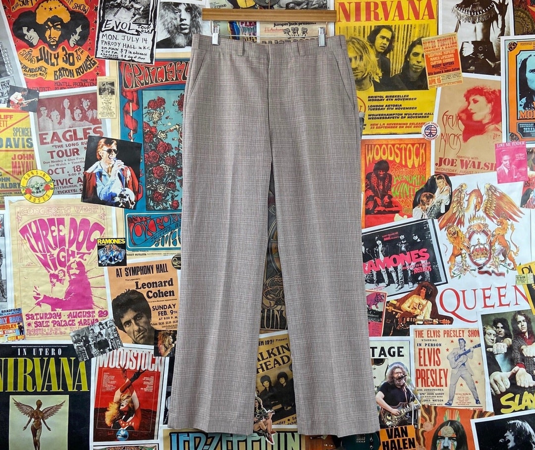 Vintage Men's 70s-80s Khaki Gray Plaid Polyester Trousers Pants 33x30 ...
