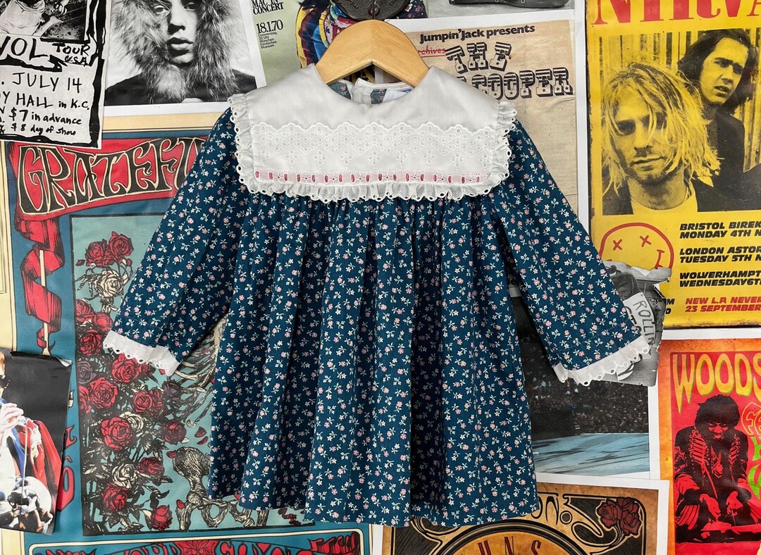 Vintage Toddler Girls 90s Blue Tiny Floral Print Eyelet Lace Collar ...