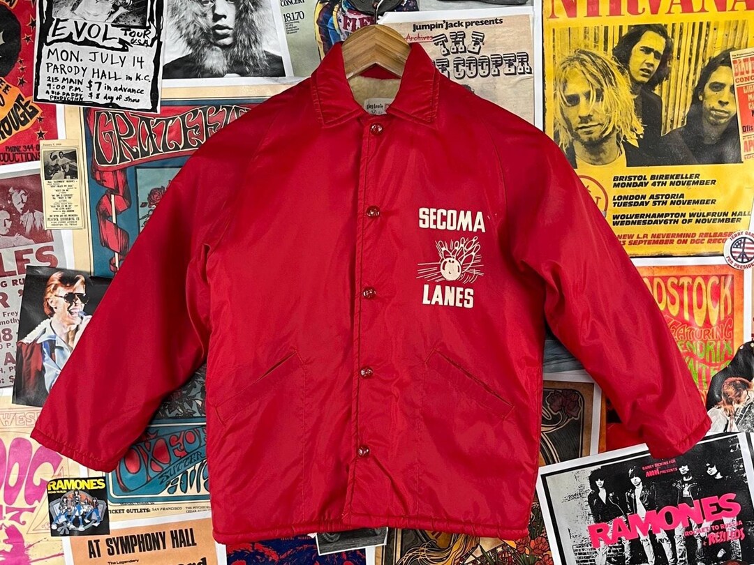 Vintage Kids 1970s-80s Red Secoma Lanes Federal Way Washington Bowling King Louie Lined Snap ...