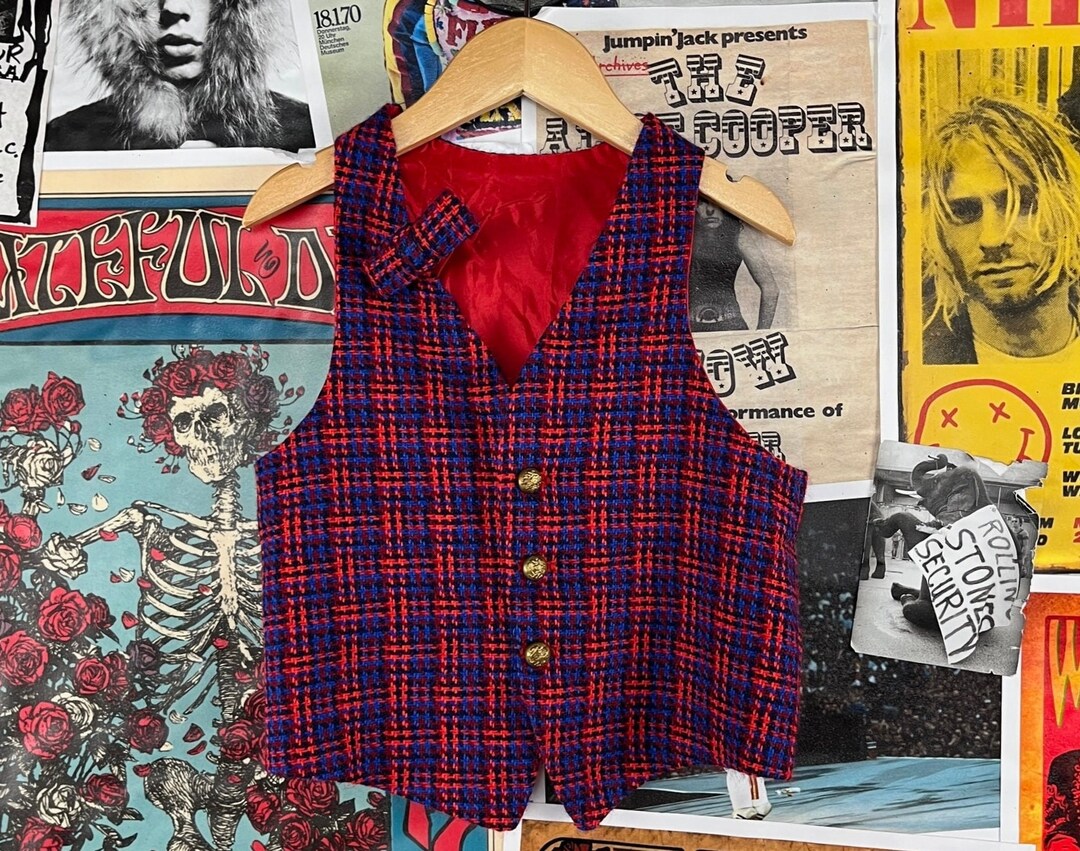 Vintage Boys Kids 60s-70s Red Blue Plaid V-neck Waistcoat Vest & Bow ...