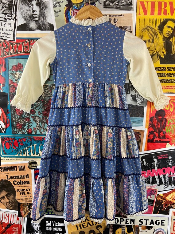 Vintage Girls Kids 70s Cream & Blue Patchwork Print C… - Gem