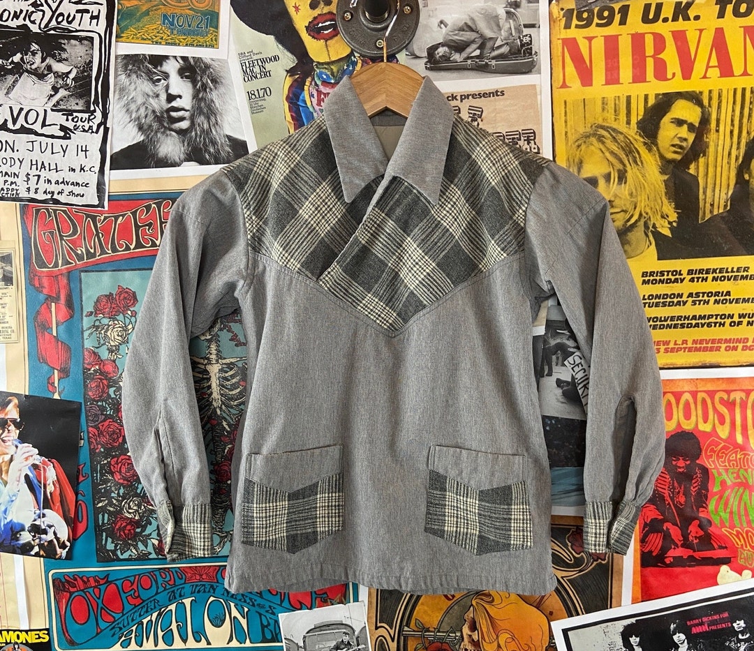 Vintage Boys Kids 1940s Gray & Ivory Plaid Two Pocket Collared Pullover ...