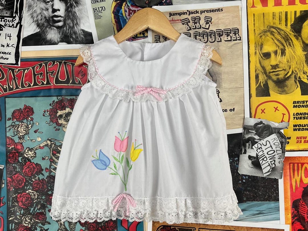 Vintage Baby Girls Kids 80s-90s White Paste Lace Trim Embroidered ...