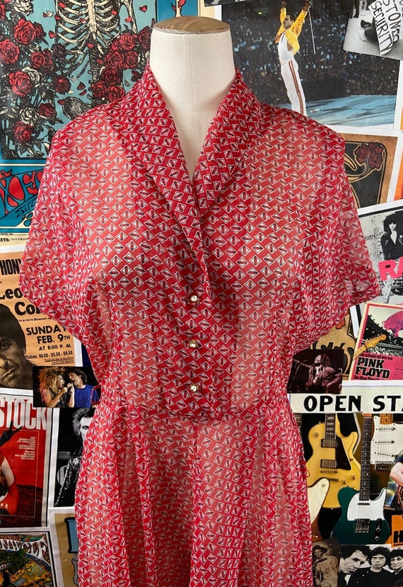 Vintage 40s Red Sheer Novelty Print Rhinestone Button… - Gem