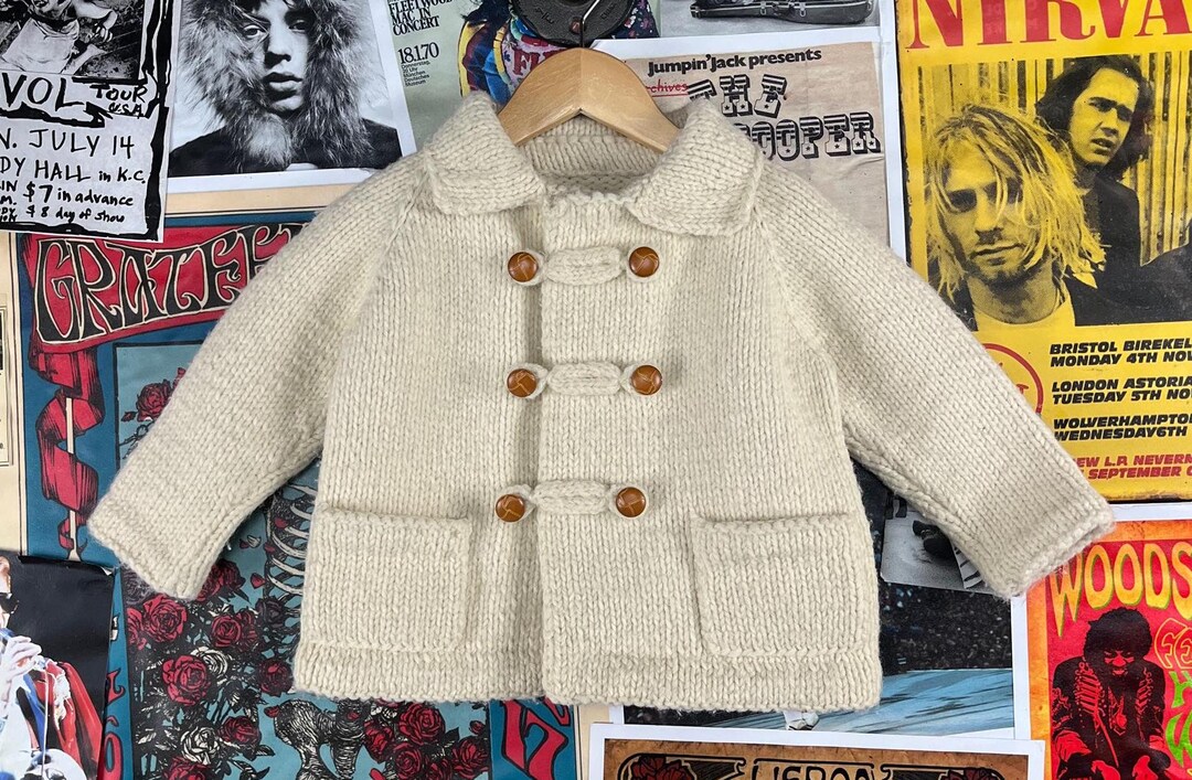 Vintage Girls Kids Retro 70s-80s Ivory Cream Knit Toggle Peacoat Jacket ...