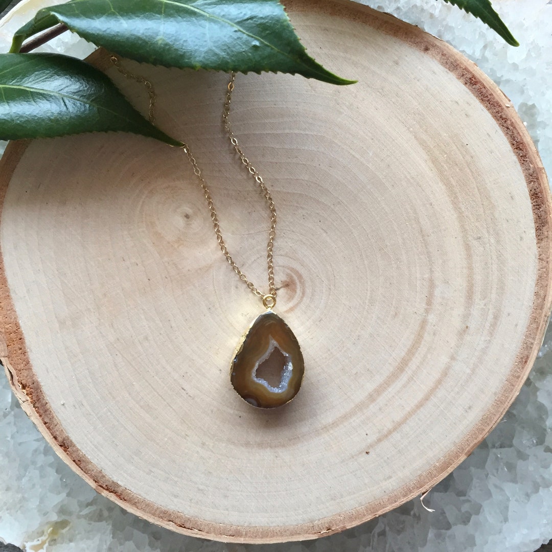 Small Milk Chocolate Agate Necklace Brown Druzy Necklace Gold Plated ...