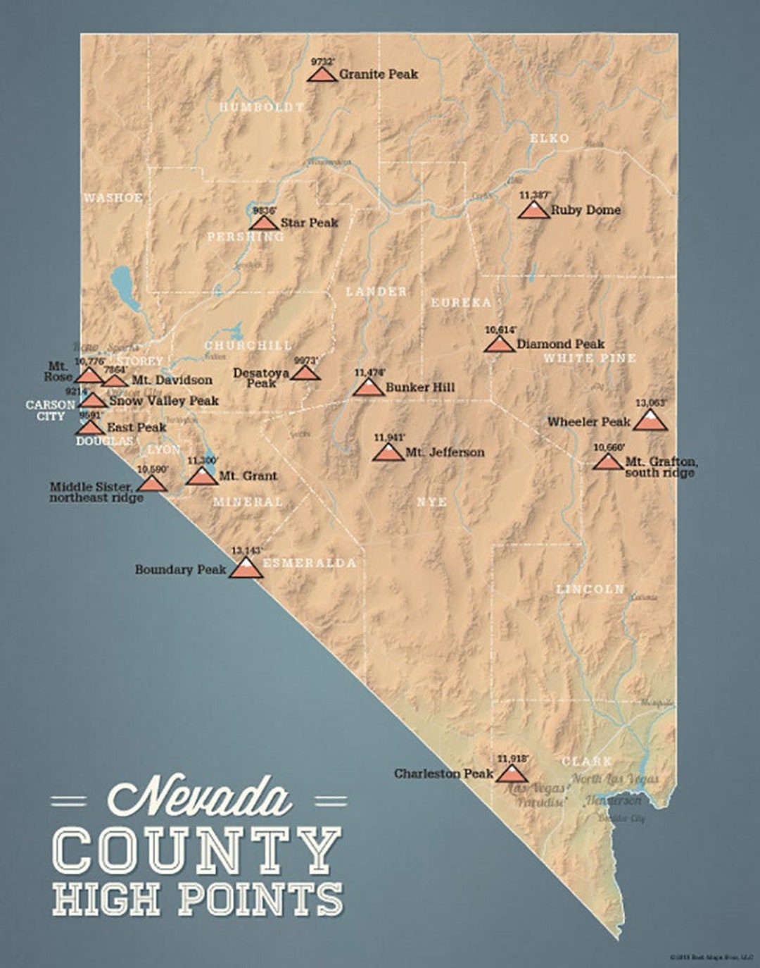 Nevada County Highpoints Map 11x14 Print - Etsy
