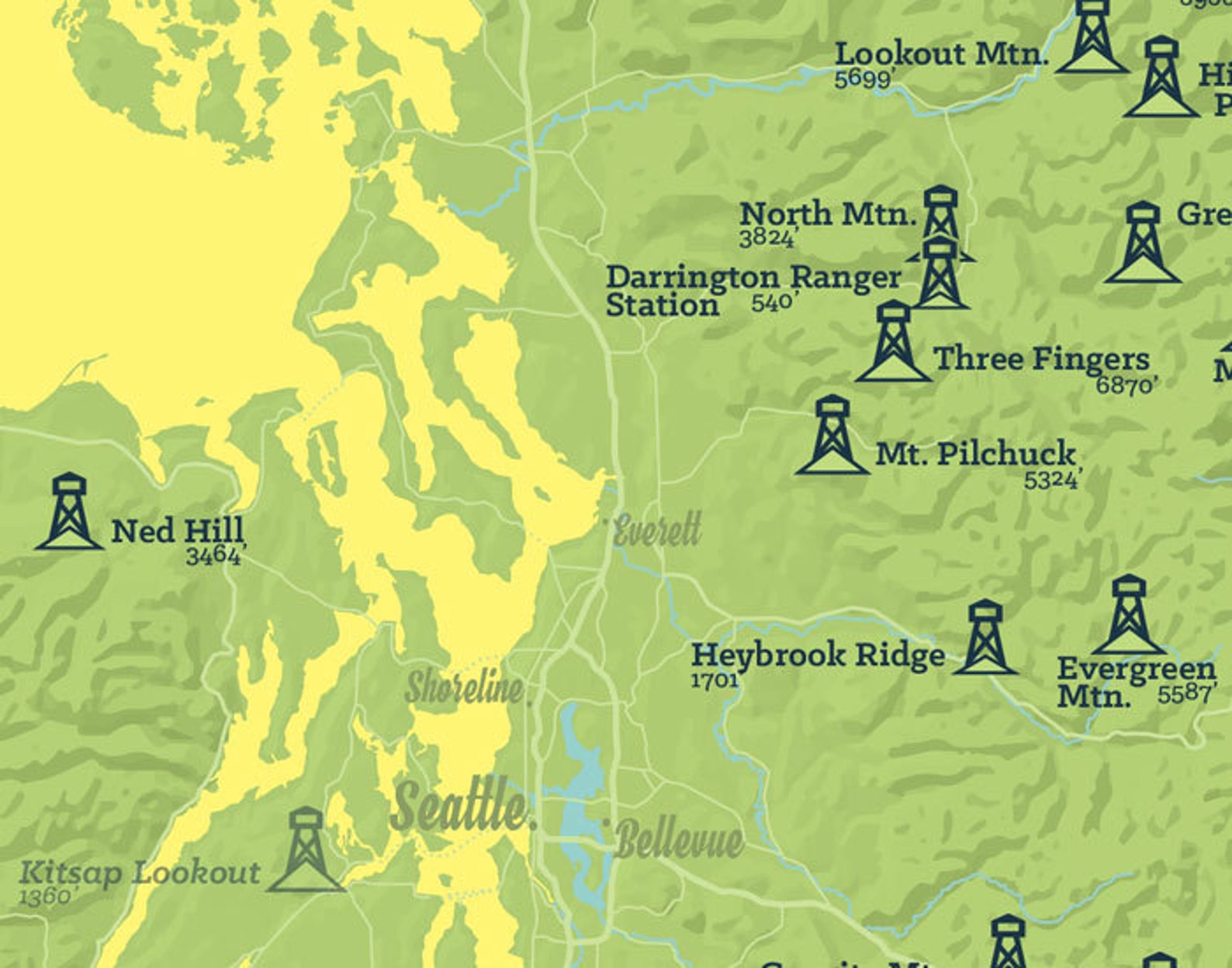 Washington Fire Lookouts Map 11x14 Print - Etsy
