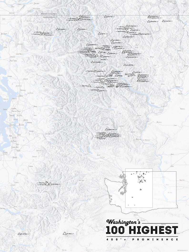 Washington 100 Highest Peaks Map 18x24 Poster | Etsy