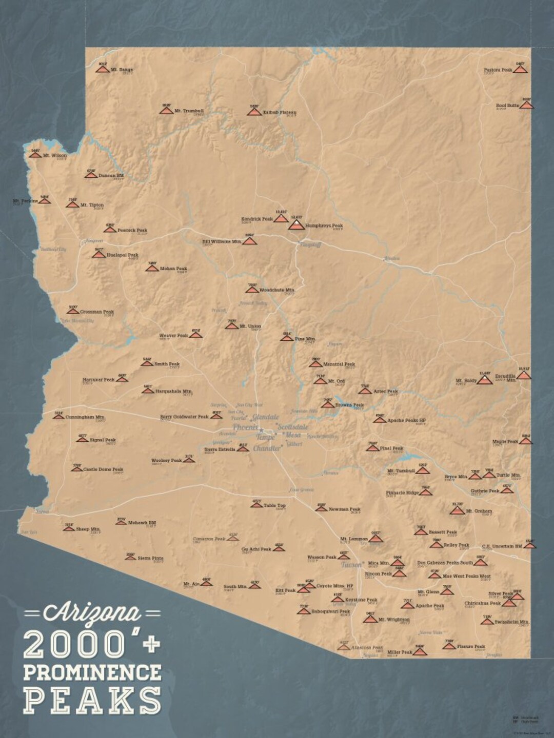 Arizona 2000' Prominence Peaks Map 18x24 Poster - Etsy