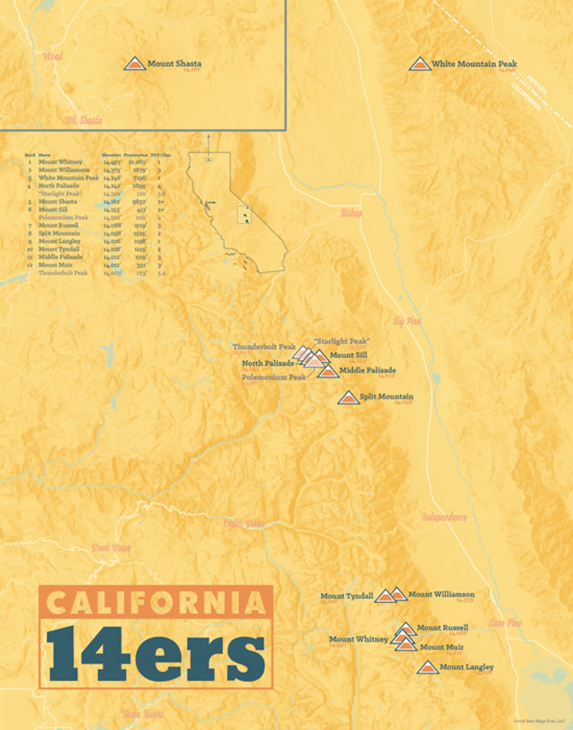 California 14ers Map 11x14 Print - Etsy
