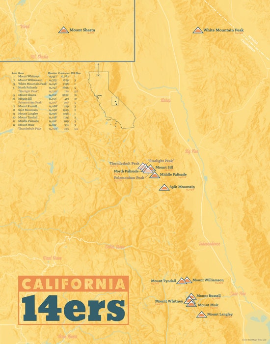California 14ers Map 11x14 Print - Etsy