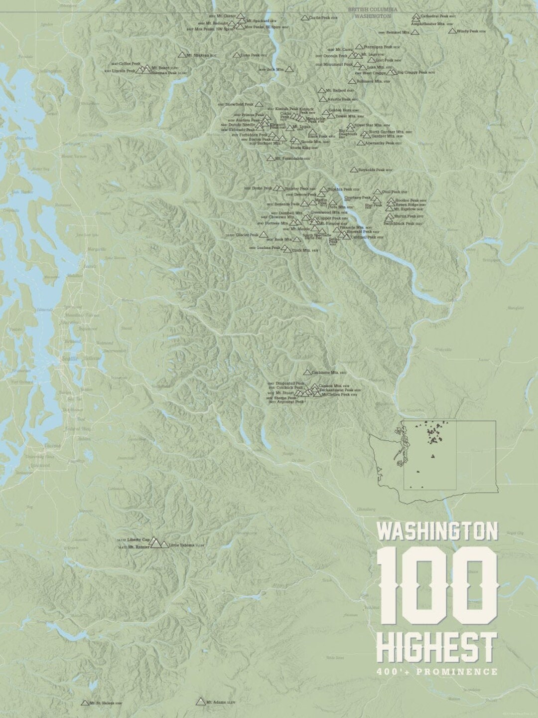 Washington 100 Highest Peaks Map 18x24 Poster - Etsy