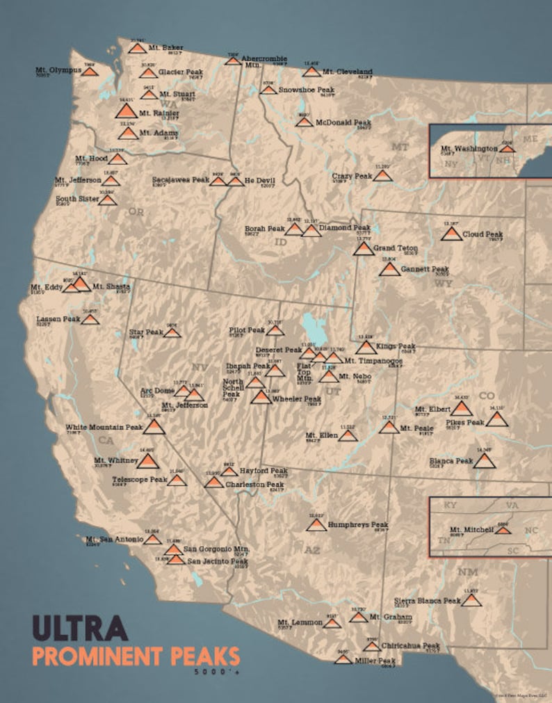 Ultra Prominent Peaks Map 11x14 Print - 48 States - Etsy