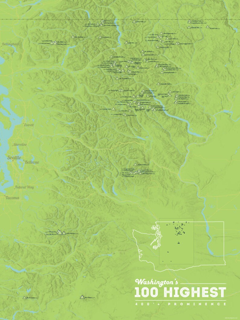Washington 100 Highest Peaks Map 18x24 Poster | Etsy