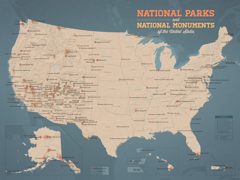US National Parks & Monuments Map 18x24 Poster - Etsy