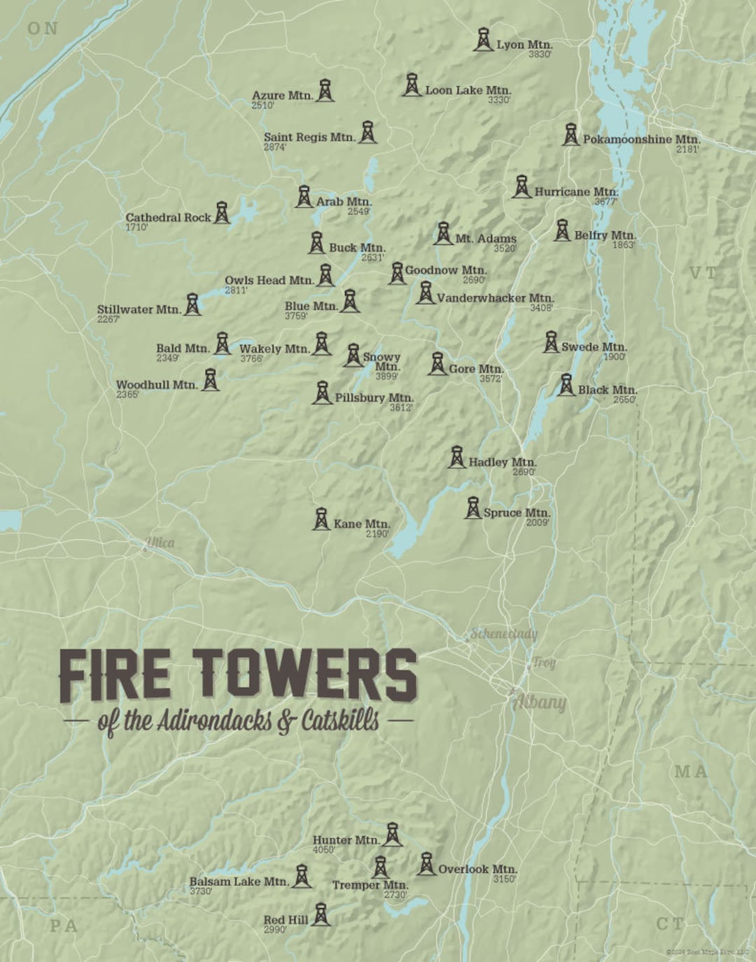 Adirondack Fire Tower Challenge Map 11x14 Print - Etsy