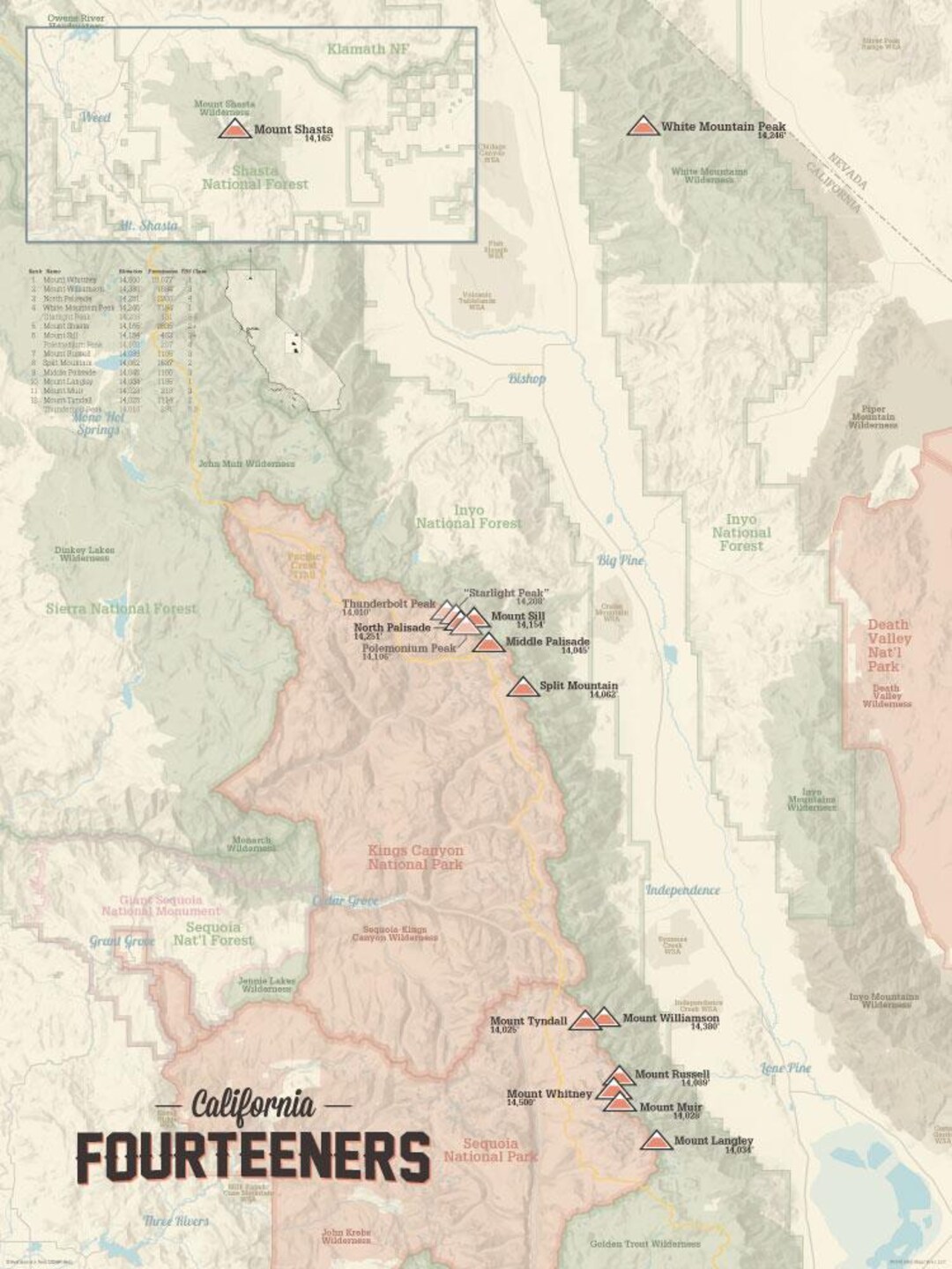 California 14ers Map 18x24 Poster - Etsy