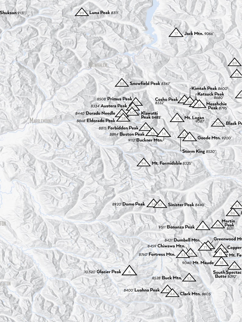 Washington 100 Highest Peaks Map 18x24 Poster | Etsy