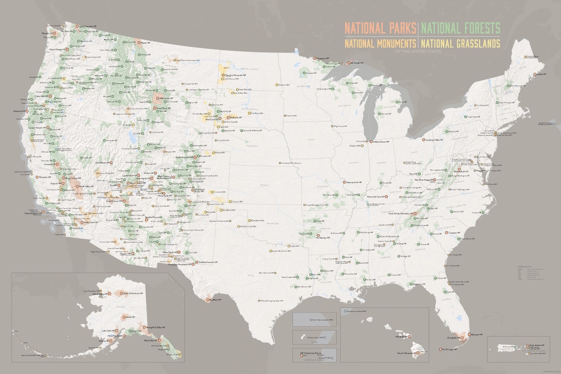 US National Parks Monuments & Forests Map 24x36 Poster | Etsy