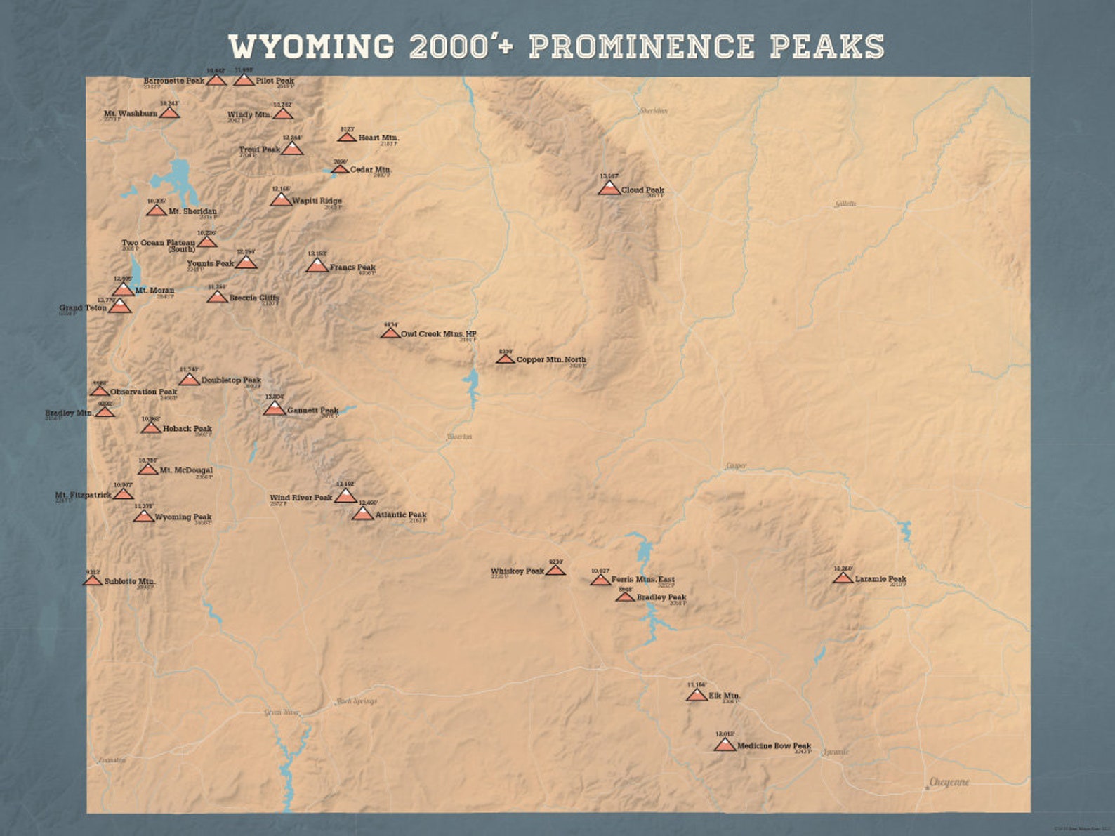 Wyoming 2000' Prominence Peaks Map 18x24 Poster - Etsy