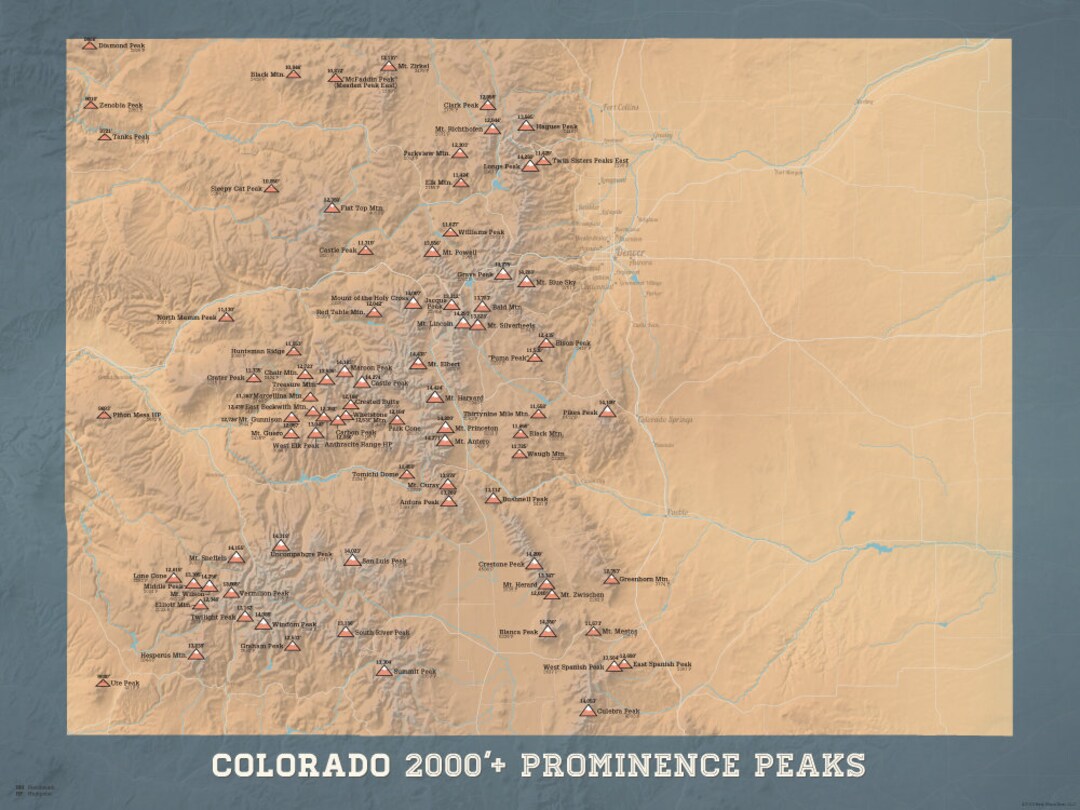 Colorado 2000' Prominence Peaks Map 18x24 Poster - Etsy