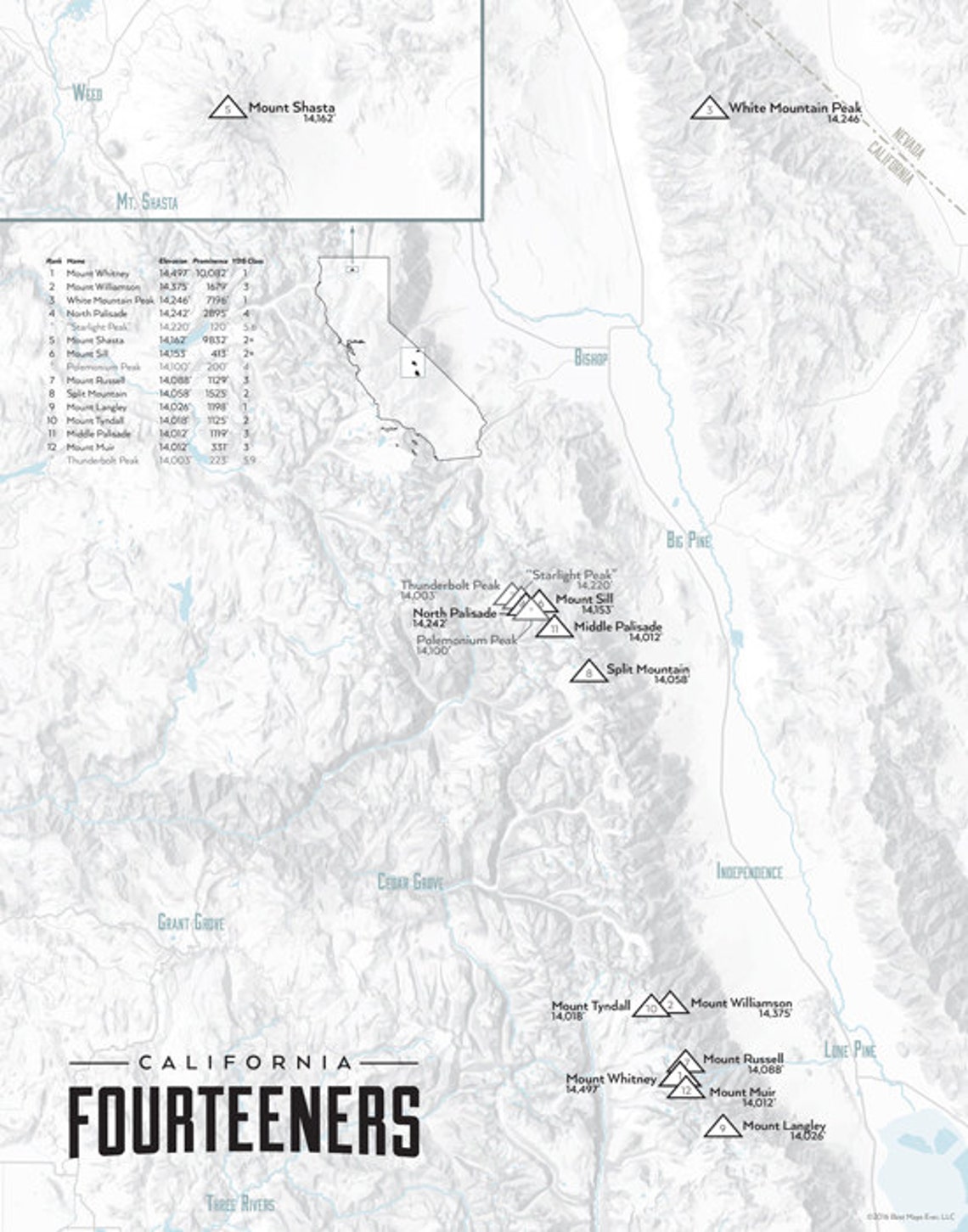 California 14ers Map 11x14 Print - Etsy
