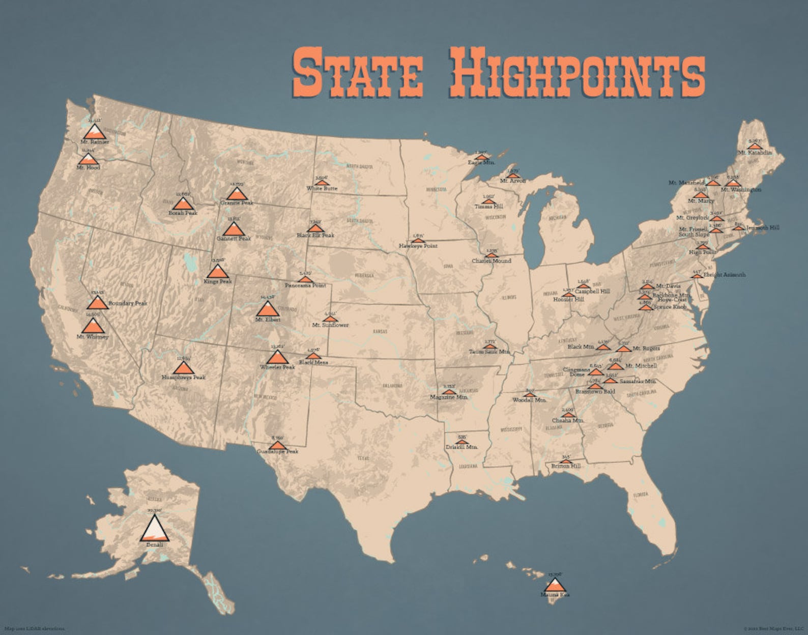 State Highpoints Map 11x14 Print - Etsy