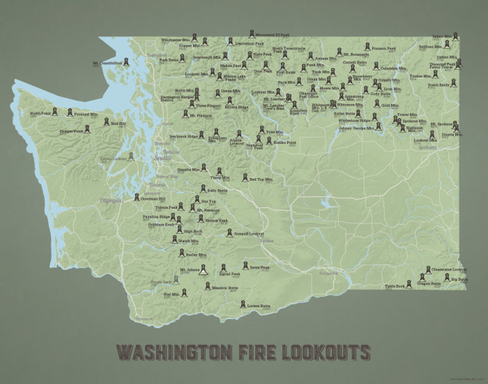 Washington Fire Lookouts Map 11x14 Print | Etsy