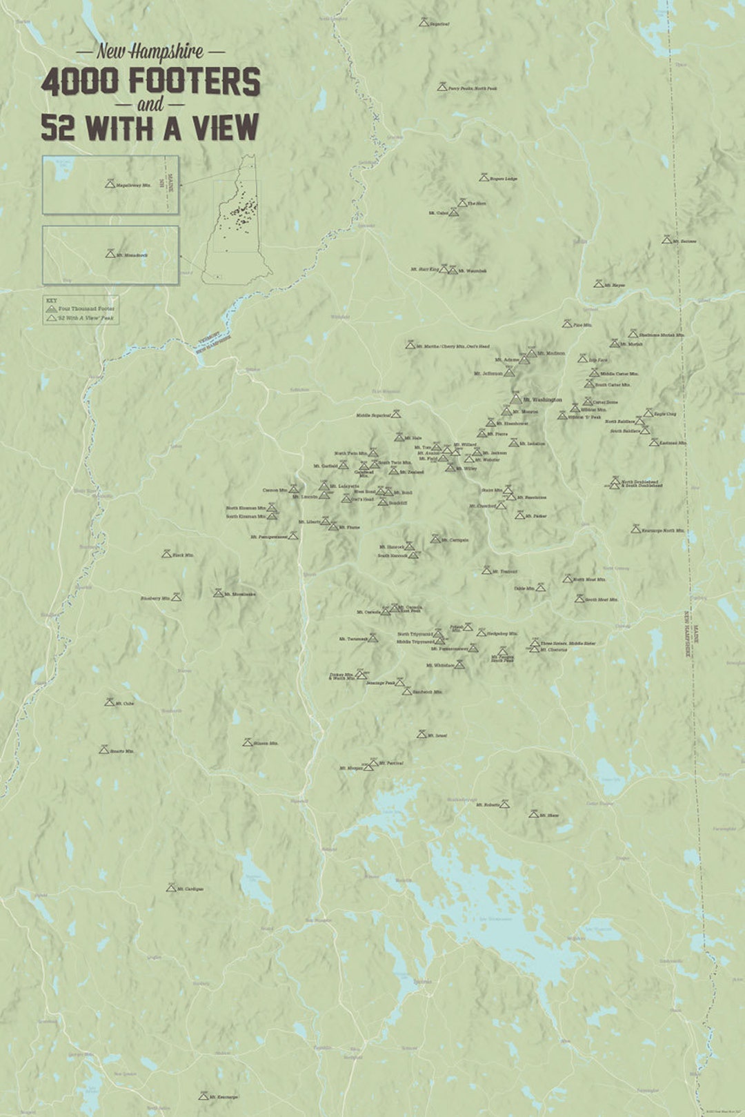 New Hampshire 4000 Footers + '52 With A View' Map 24x36 Poster - Etsy